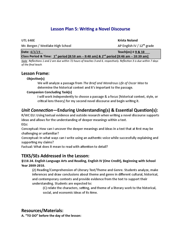 Lesson Plan 5: Writing A Novel Discourse | PDF | Question | Attention