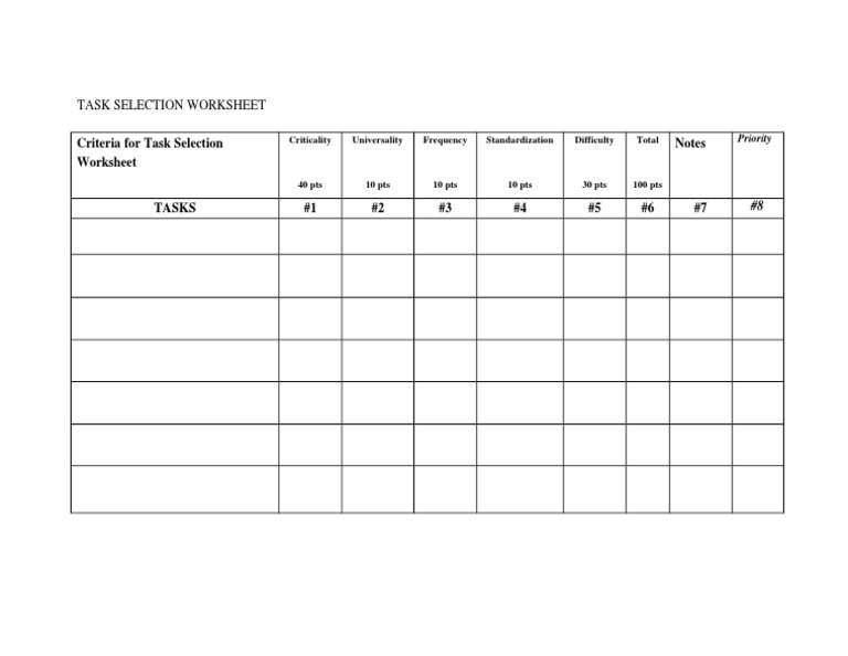 Task Selection Worksheet Criteria For Task Selection Worksheet Notes ...