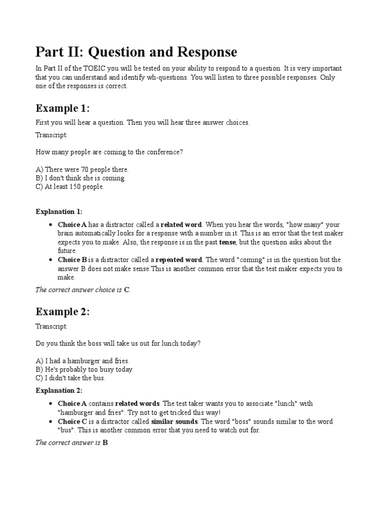 TOEIC Question and Response | PDF | Question | Word