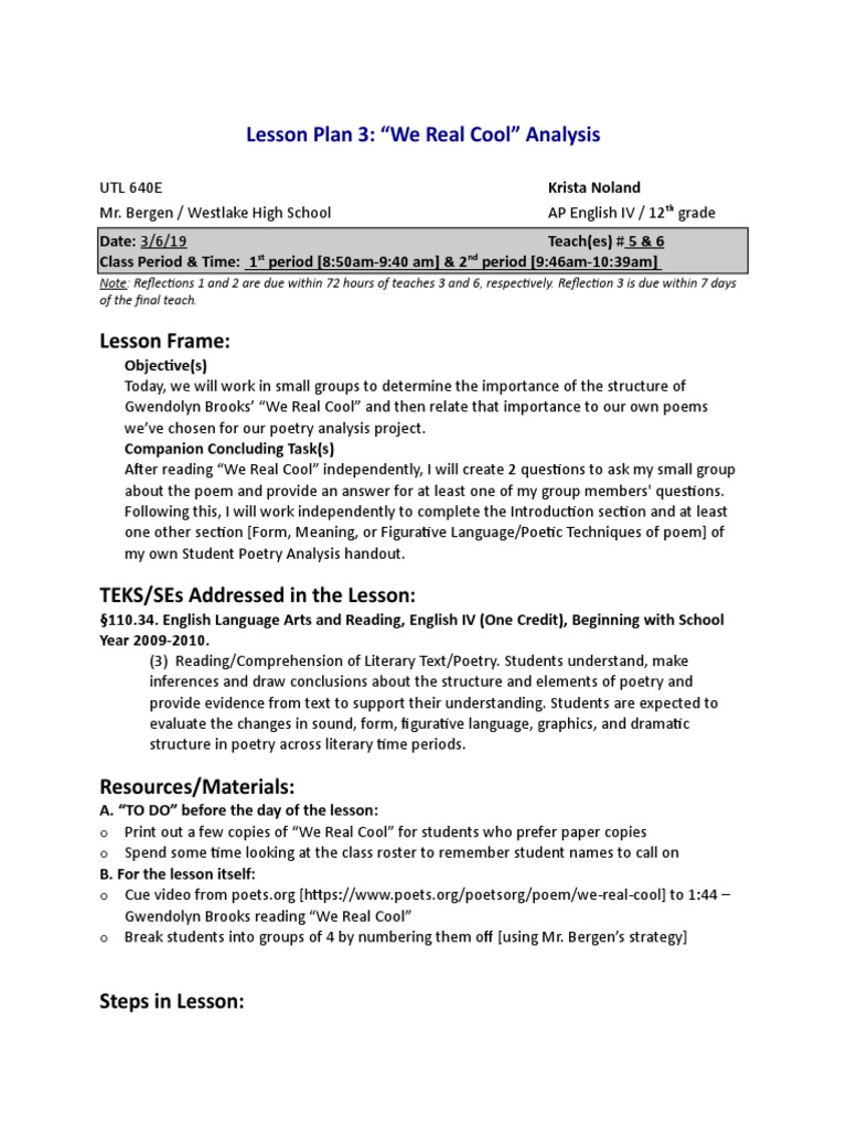Lesson Plan 3: "We Real Cool" Analysis | PDF | Poetry | Reading ...
