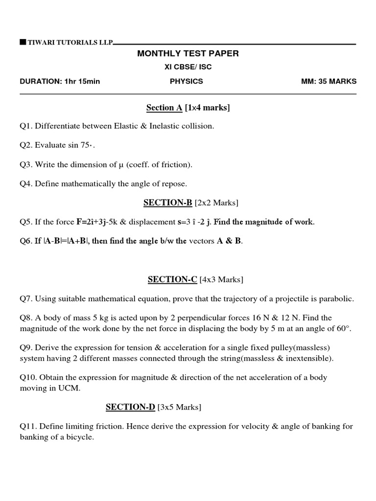 XI Physics Monthly Test Paper | PDF | Science & Mathematics