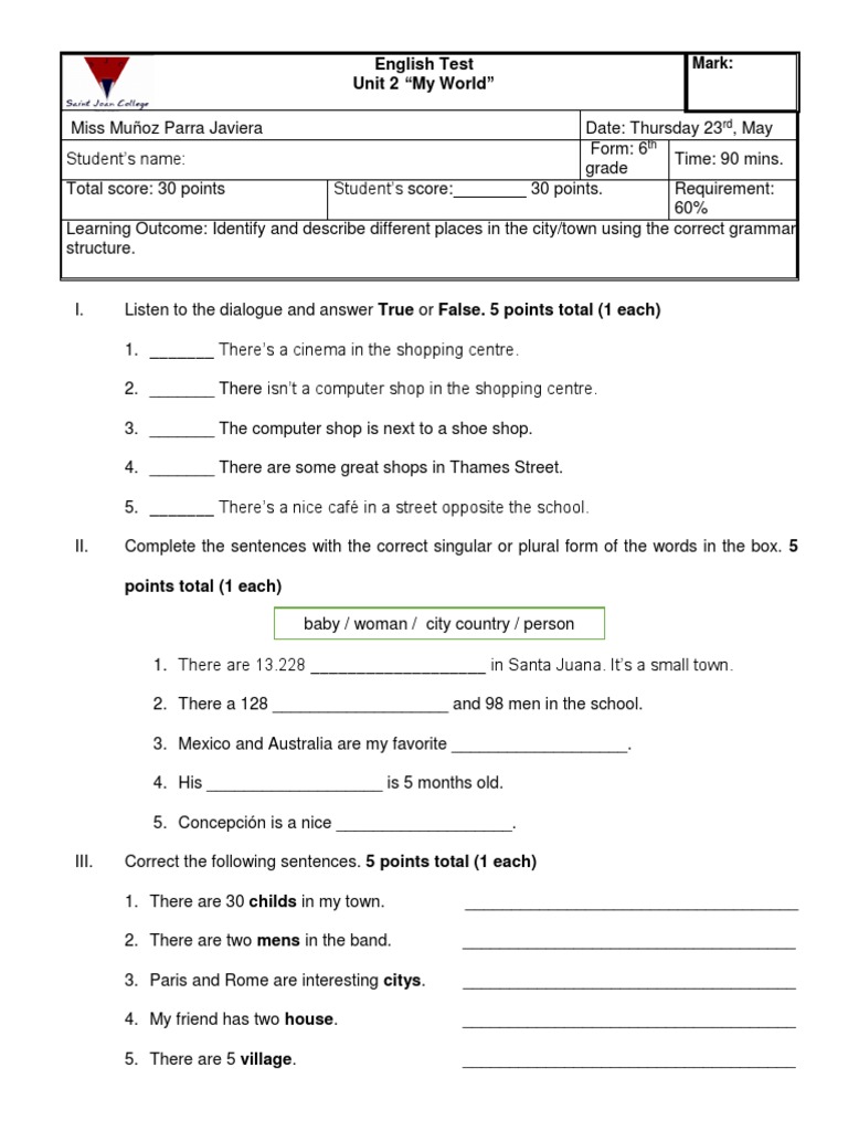 English Test Unit 2 "My World": Mark | PDF | Morphology | Syntax