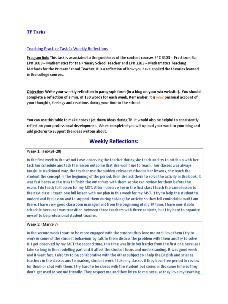 Teaching Practice Task 1: Weekly Reflections: TP Tasks | PDF ...