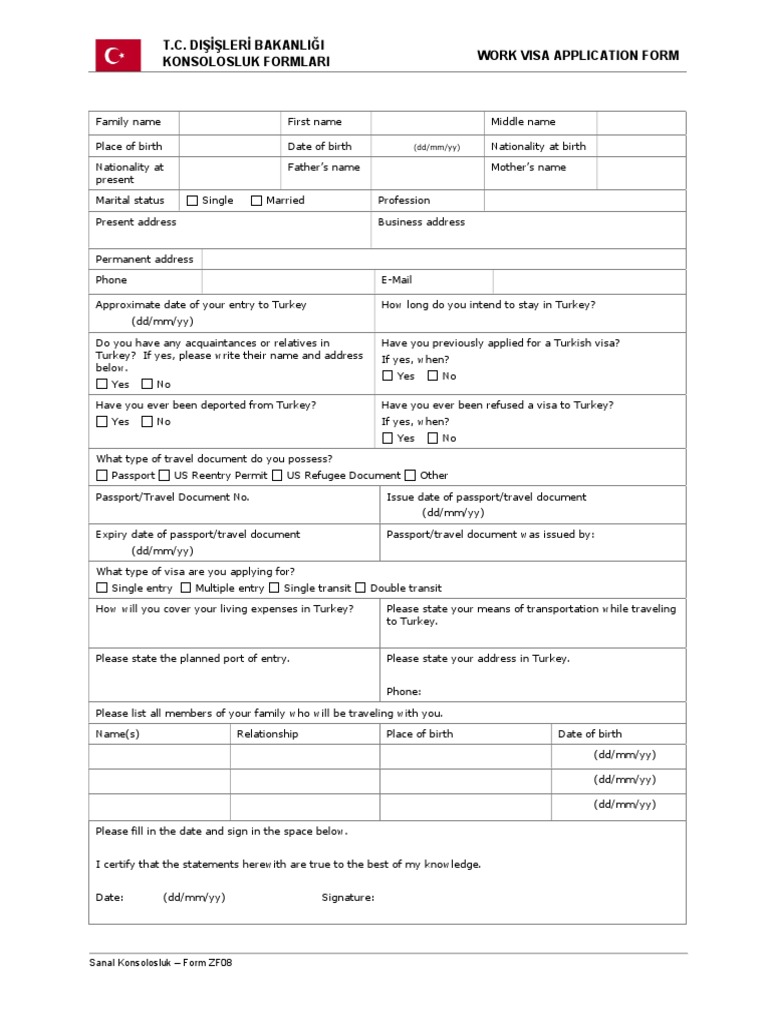 Turkish Employment Visa Form | PDF | Travel Visa | Passport