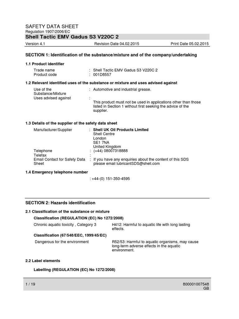 Shell - Tactic - EMV - Gadus - S3 - V220C - 2 MSD | PDF | Dangerous ...