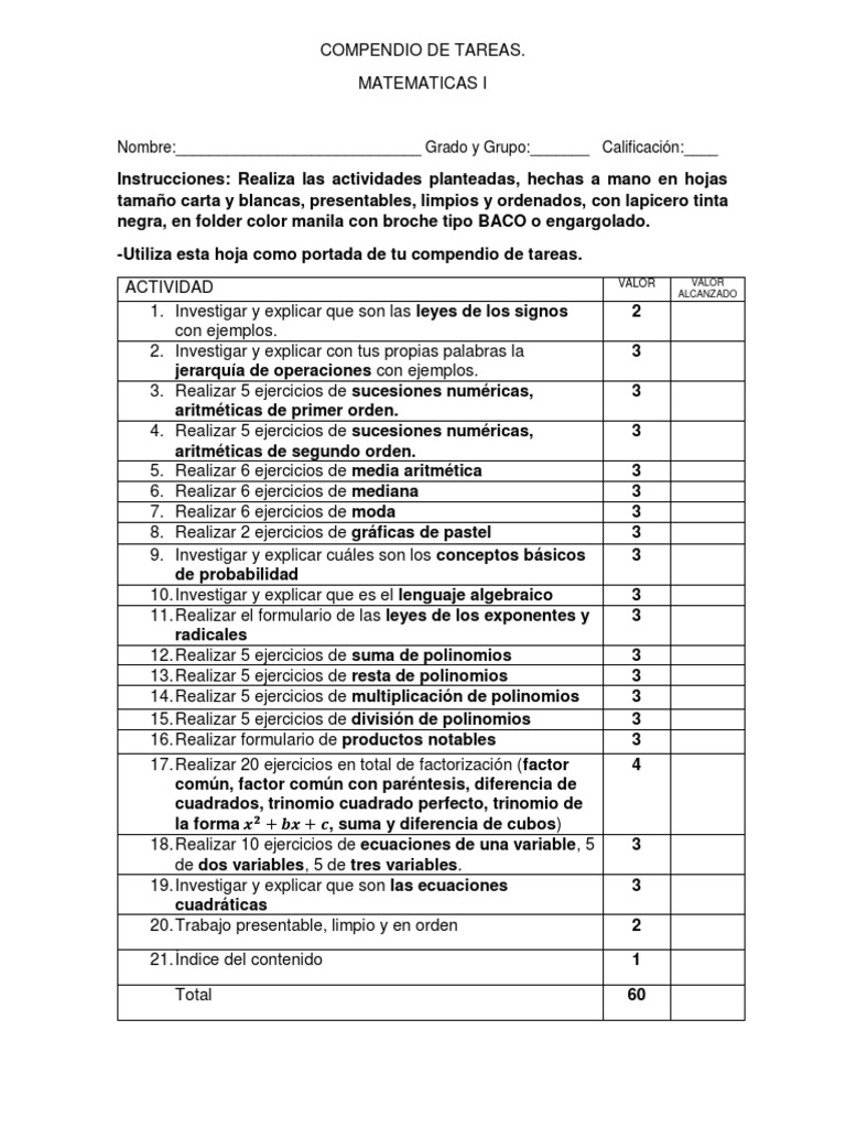 Compendio de Tareas Matemáticas I | PDF | Factorización | Álgebra