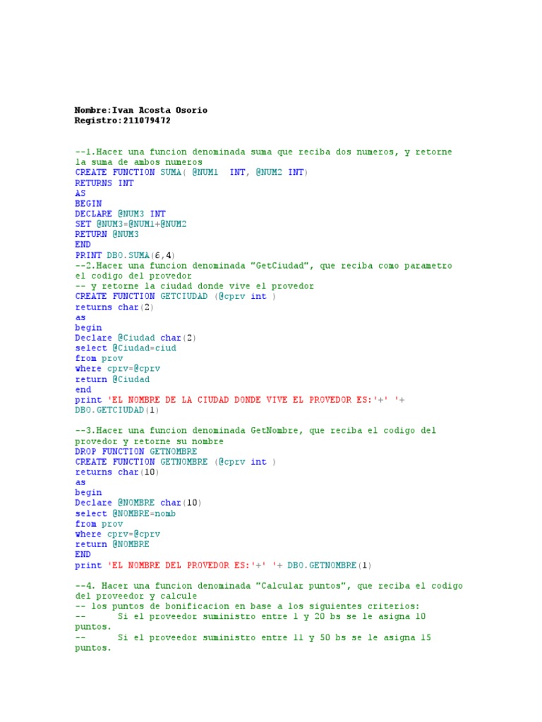Practica Programacion de Funciones en Transact SQL | PDF | Gestión de datos | Recuperación de ...