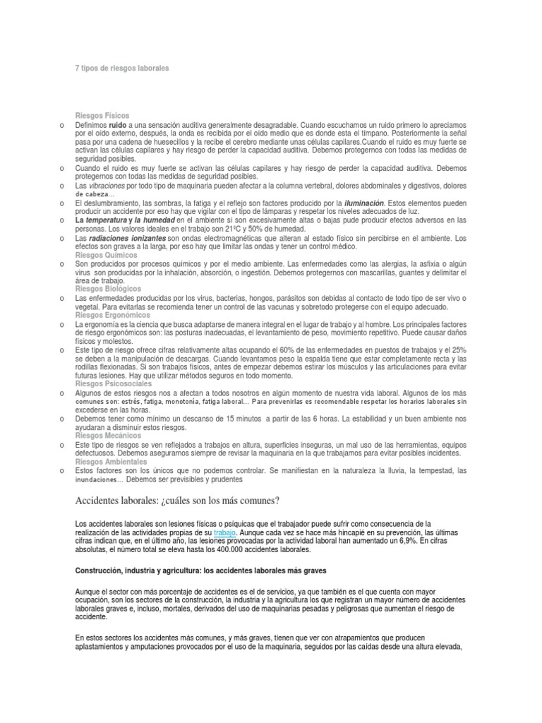 7 Tipos de Riesgos Laborales | PDF | Factores humanos y ergonomía | Especialidades Medicas