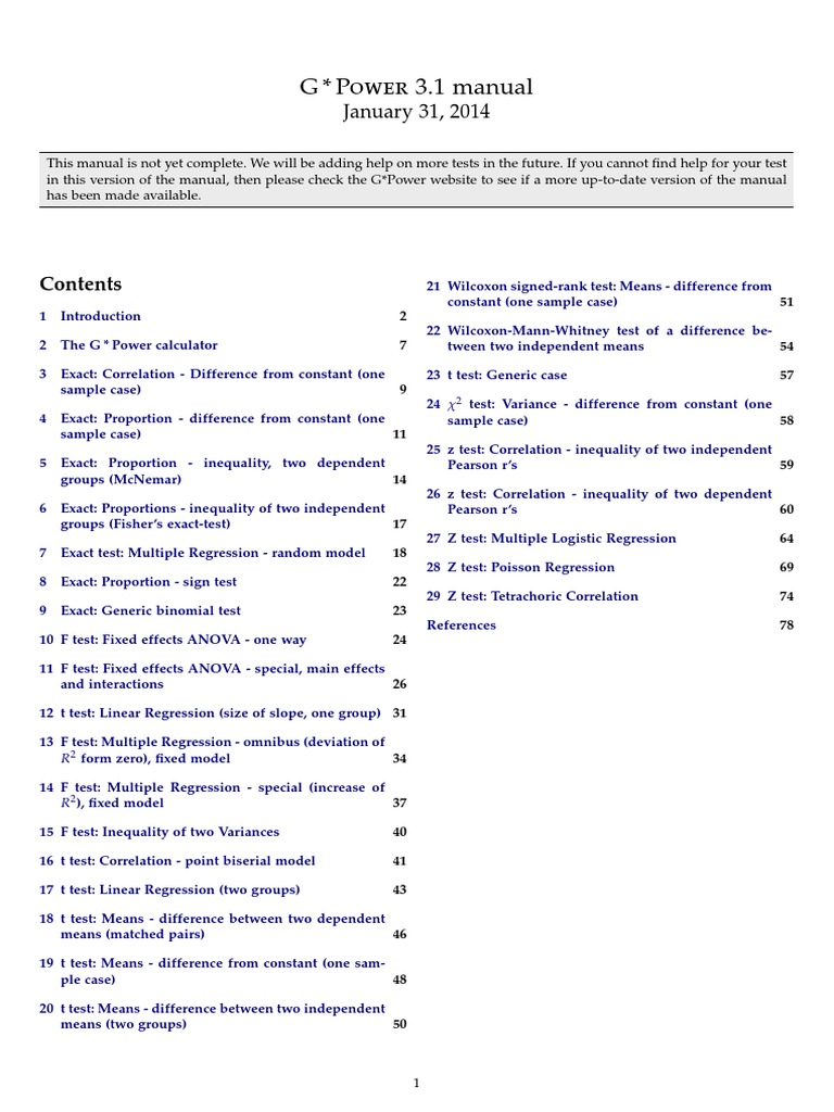 G*Power 3.1 User Manual | PDF | Effect Size | Student's T Test