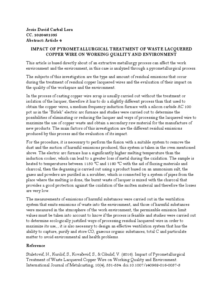 Pyrometallurgical Impact on Copper Waste | PDF | Copper | Waste