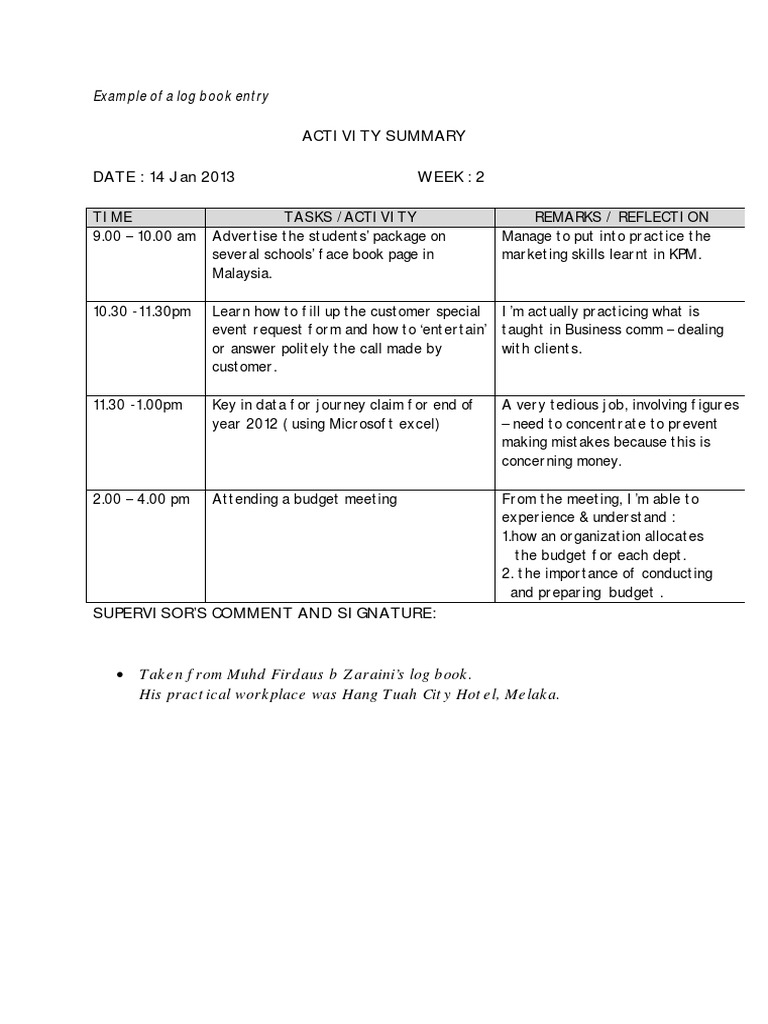 Example of A Log Book Entry PDF | PDF