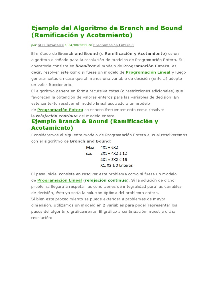 Ejemplo Del Algoritmo de Branch and Bound | PDF | Programación lineal | Algoritmos