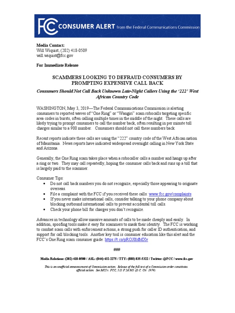 Scammers Looking To Defraud Consumers by Prompting Expensive Call Back ...