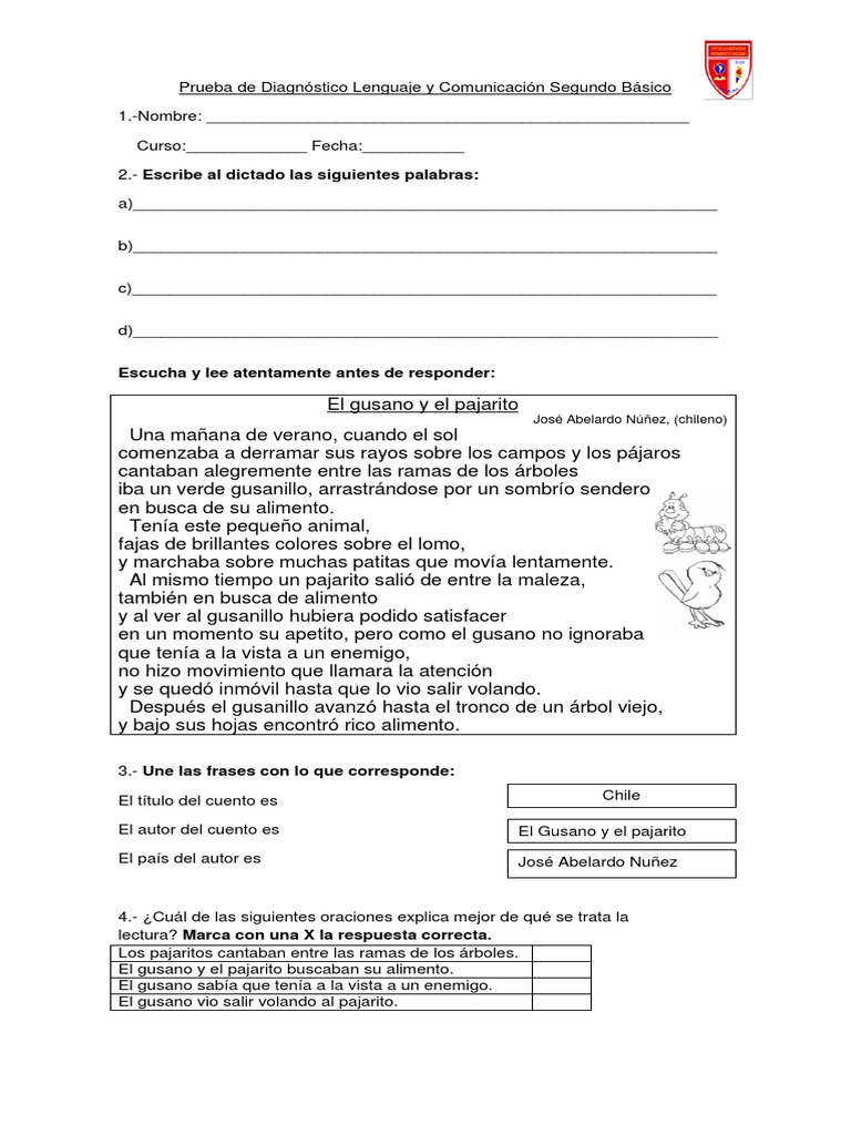 Prueba de Diagnóstico Lenguaje y Comunicación Segundo Básico | PDF