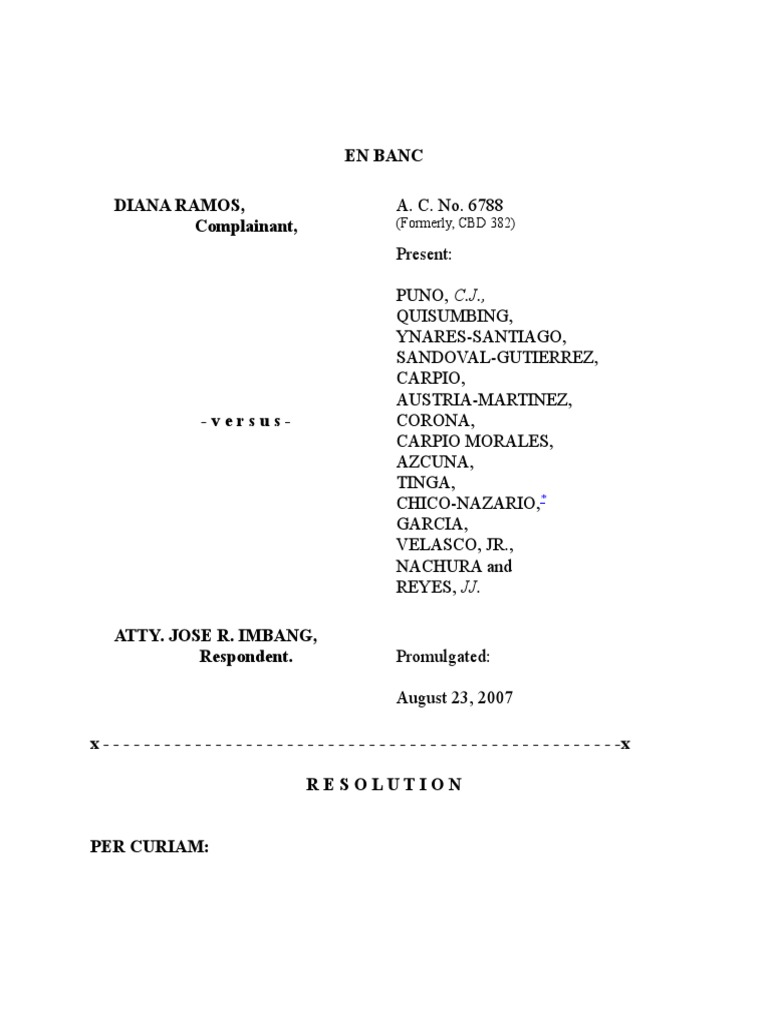Diana Ramos vs. Atty. Jose R. Imbang | PDF | Practice Of Law | Lawyer