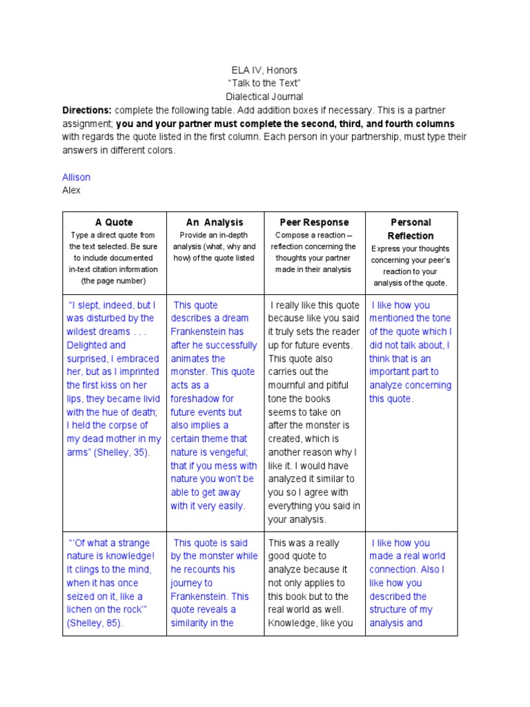 Dialectical Journal 1 | PDF | Frankenstein