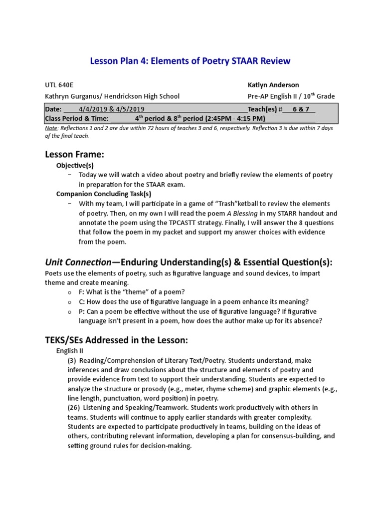 Lesson Plan 4 Teaches 6 and 7 Katlyn Anderson | PDF | Poetry | Question