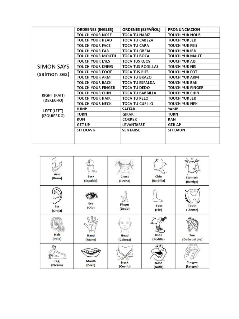 Basic Body Part Commands in English, Spanish and Phonetic Pronunciation ...
