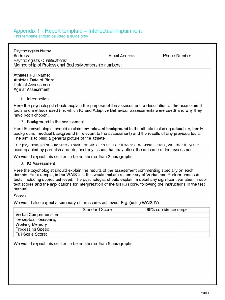 Appendix 1 - Report Template - Intellectual Impairment: This Template ...