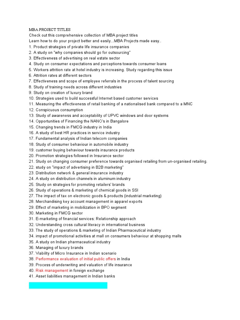 Mba Project Titles | PDF | Retail | Marketing