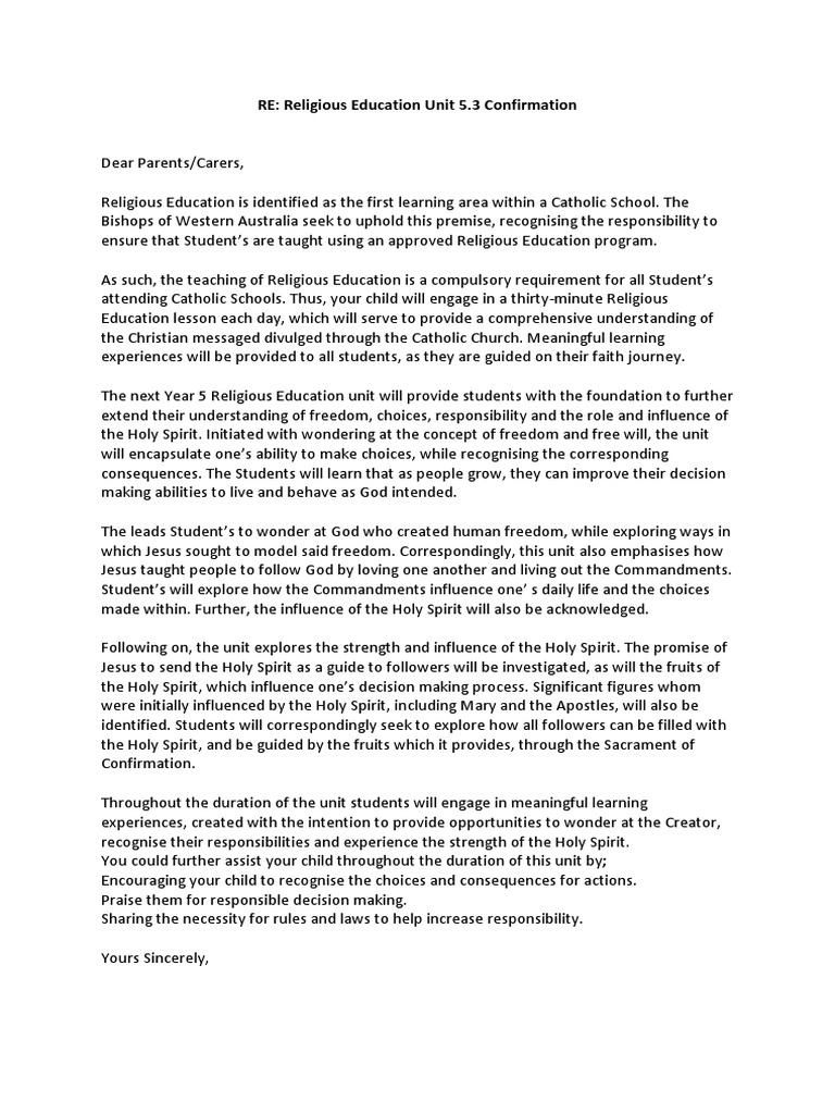 Re - Parent Letter | PDF | Confirmation | Catholic Church