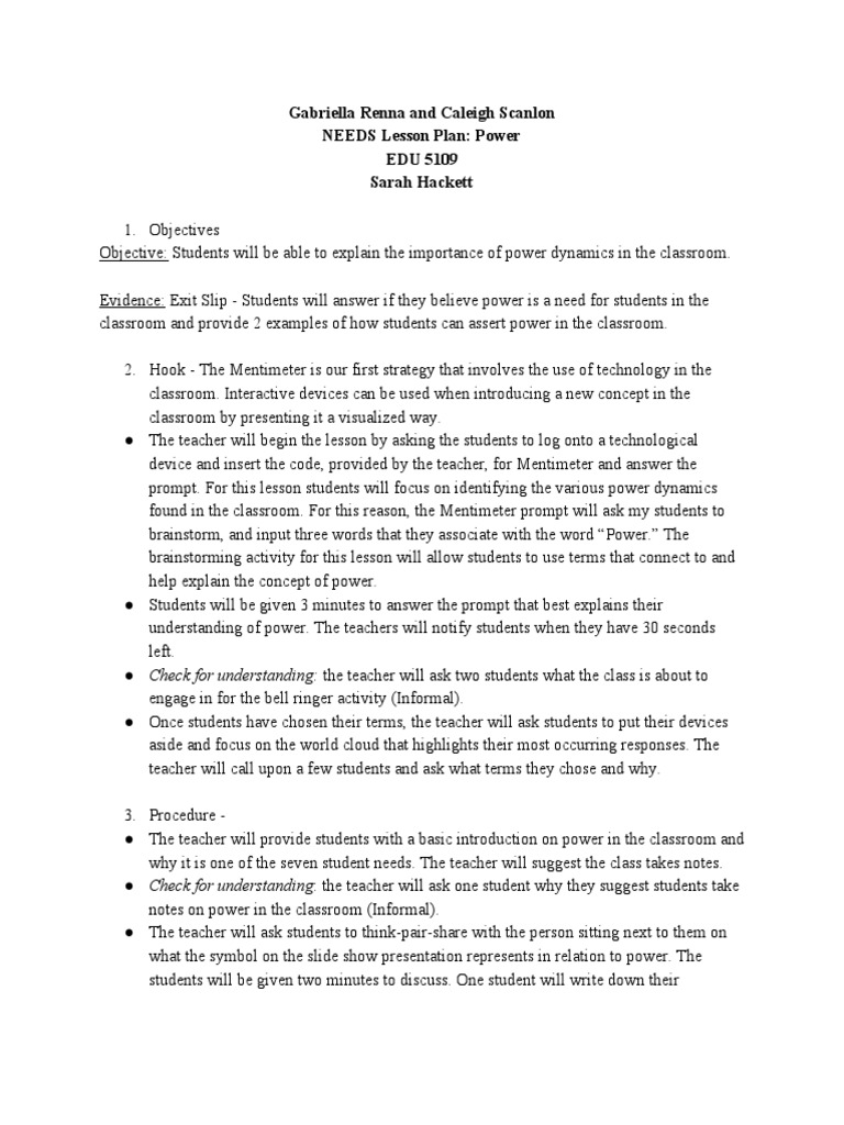 Gabriella Renna and Caleigh Scanlon NEEDS Lesson Plan: Power EDU 5109 ...