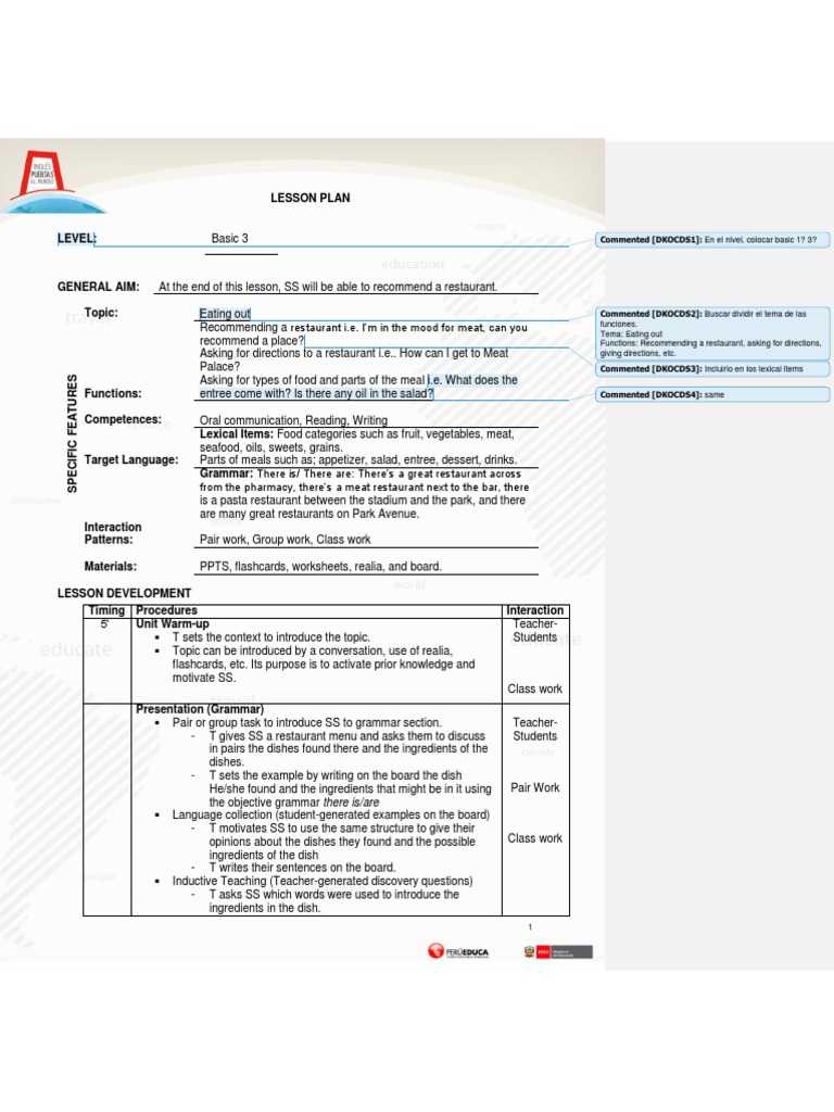 Lesson Plan-Modelo | PDF | Restaurants | Entrée