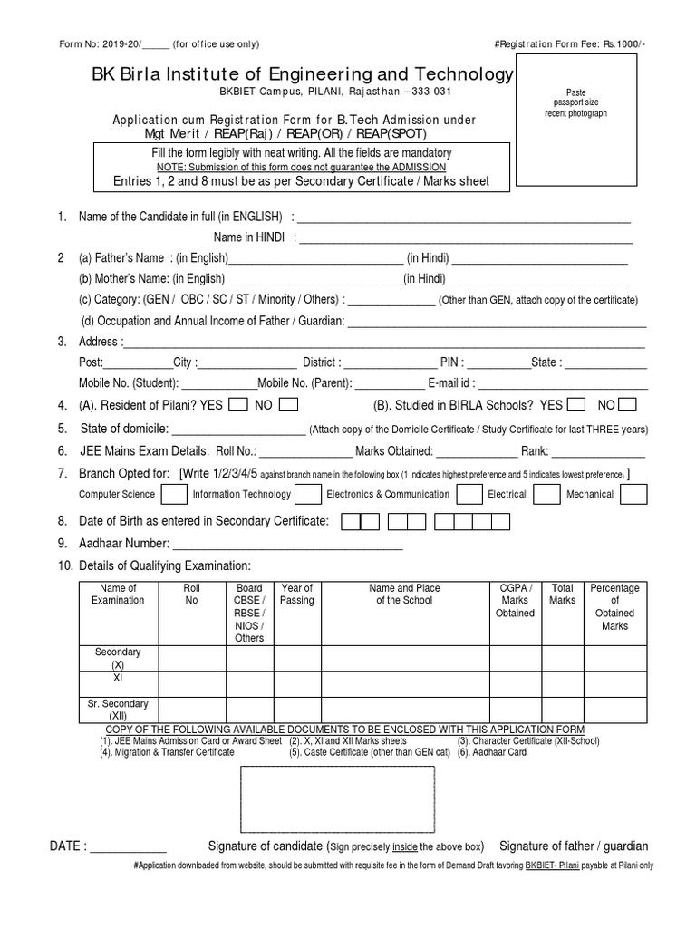 B Tech Registration Form 2019 | PDF