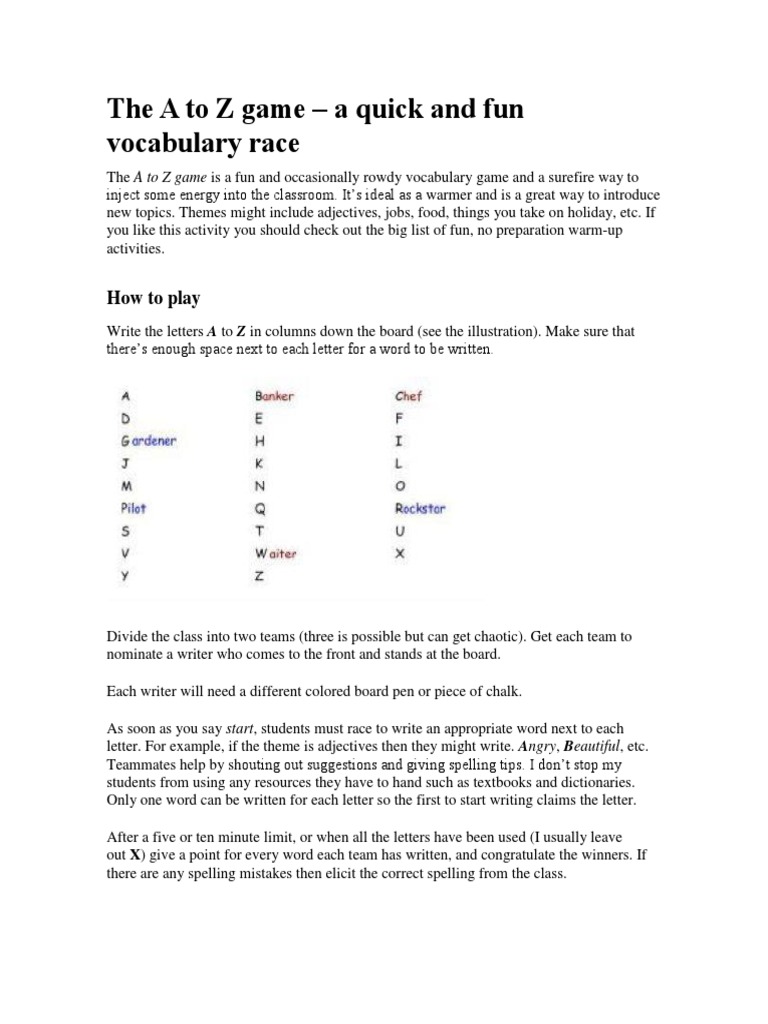 A to Z Vocabulary Race Game Guide | PDF