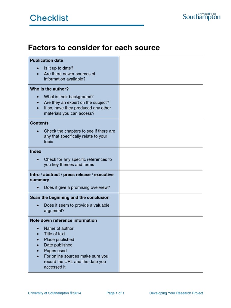 Checklist: Factors To Consider For Each Source | PDF