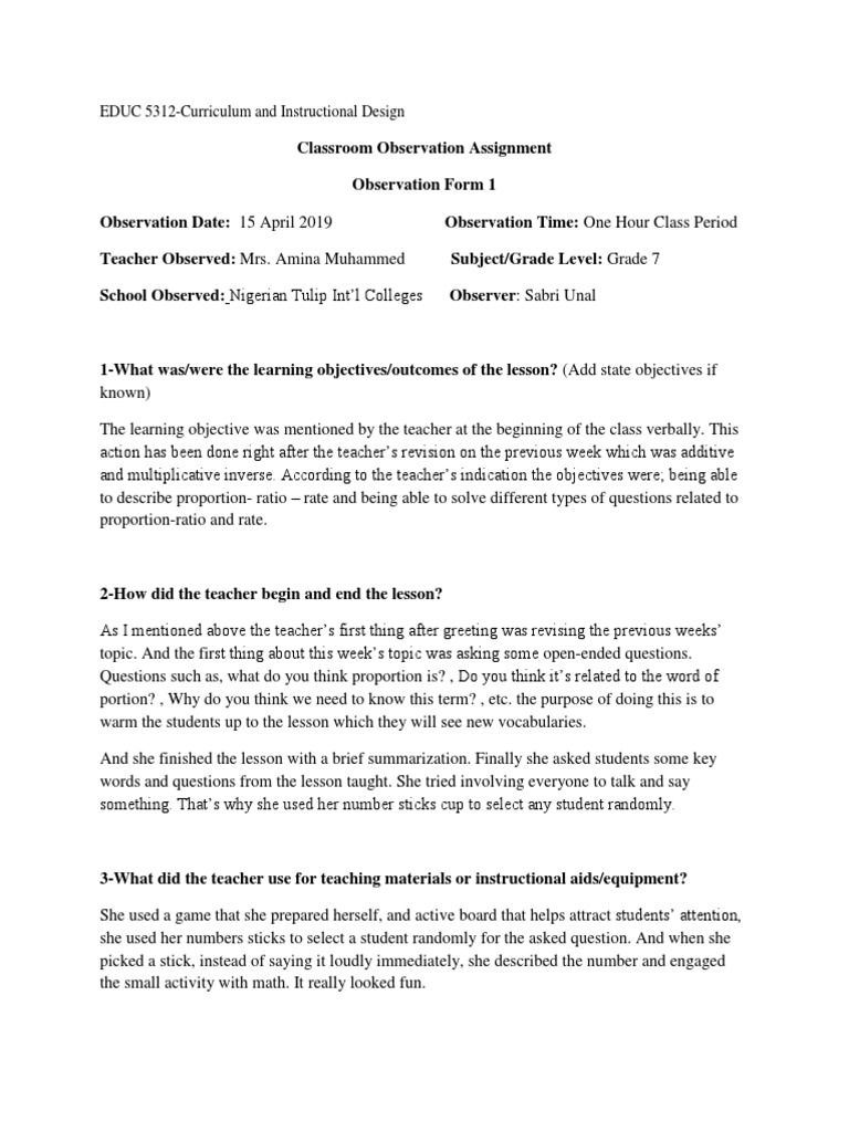 Classroom Observation Assignment Form 1 Sabri Unal Pdf