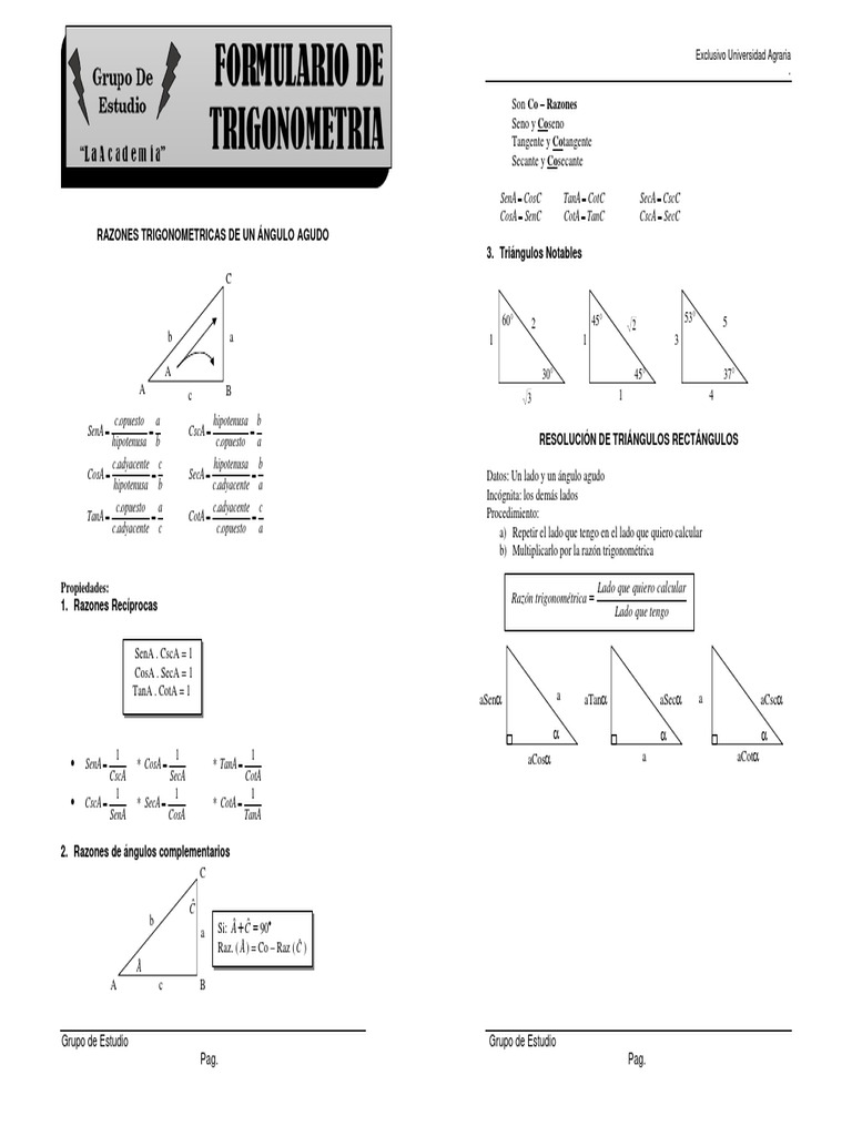 Formulario Trigonometria 1 | PDF | Trigonometría | Funciones trigonométricas