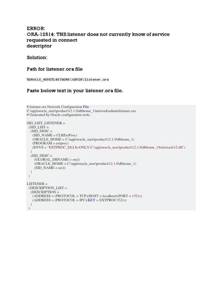 Error Ora 12514 Tns Listener Does Not Currently Know Of Service Requested In Connect