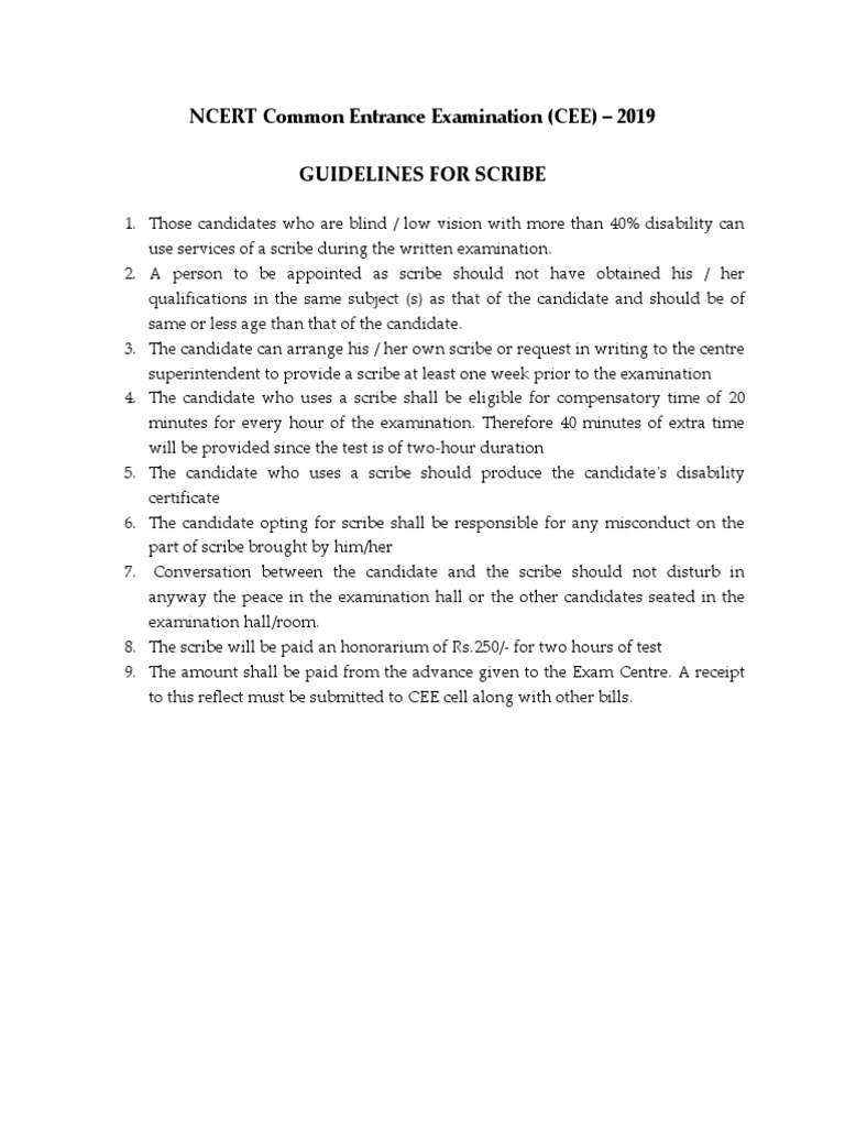 NCERT Common Entrance Examination (CEE) - 2019 Guidelines For Scribe | PDF