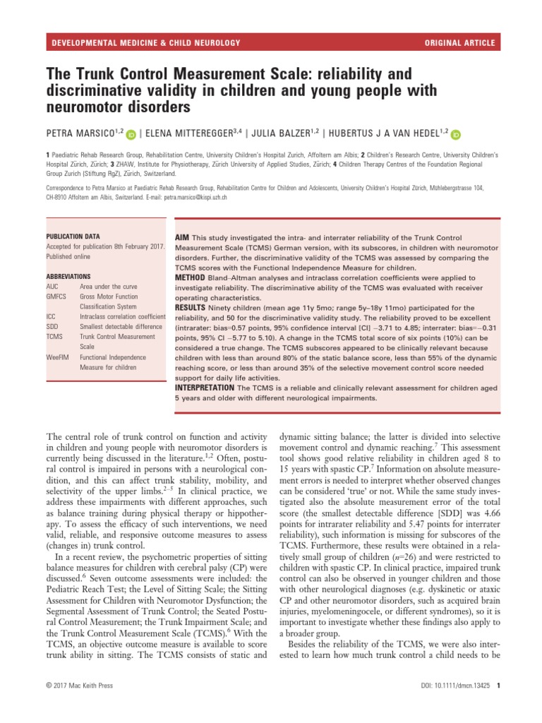 The Trunk Control Measurement Scale: Reliability and Discriminative ...