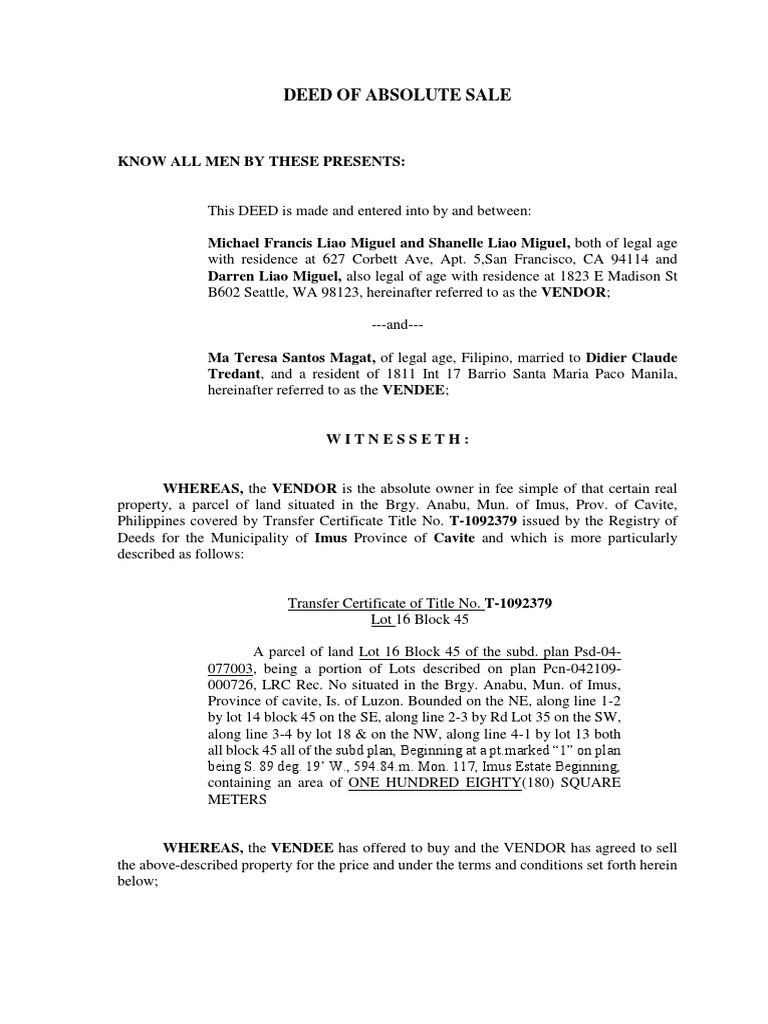 Deed of Absolute Sale A Sample | PDF | Fee Simple | Law And Economics