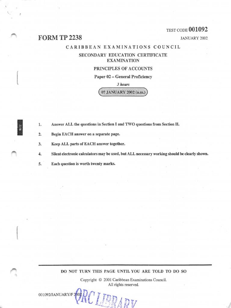 CSEC - Principles of Accounts - Paper 02 - January 2002 | PDF
