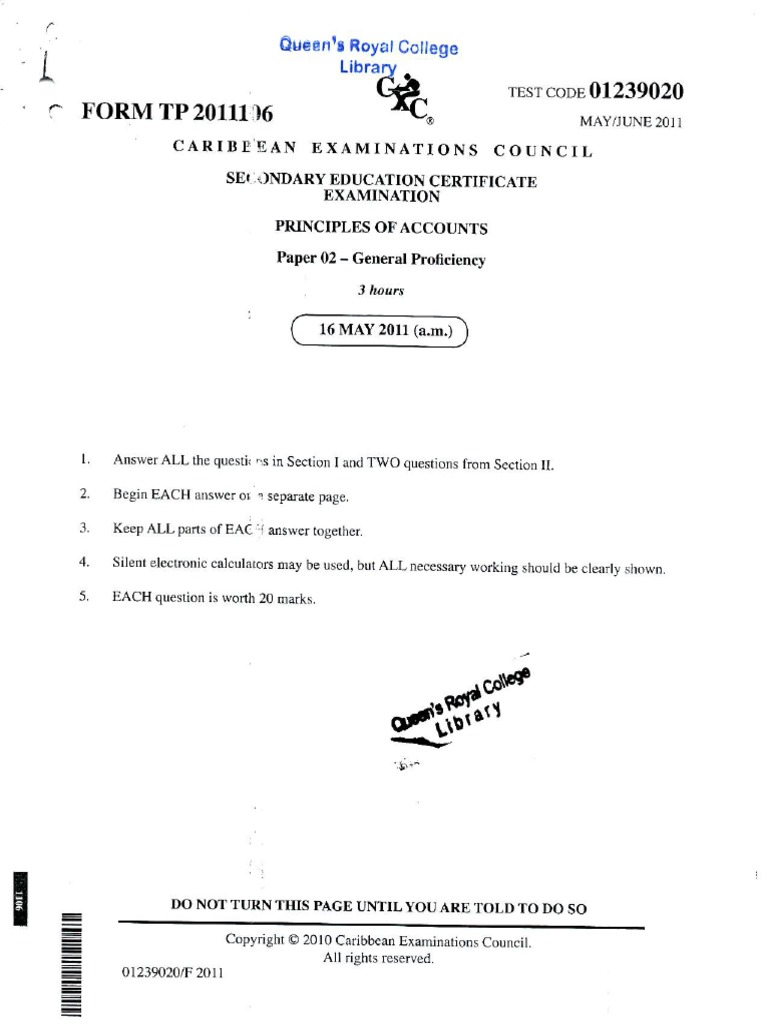 CSEC - Principles of Accounts - Paper 02 - 2011 | PDF