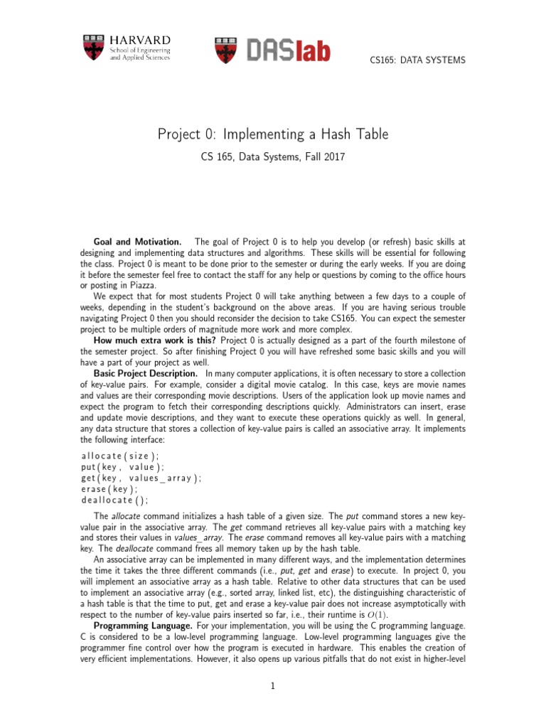 Project 0: Implementing A Hash Table: CS 165, Data Systems, Fall 2017 | PDF | Array Data ...