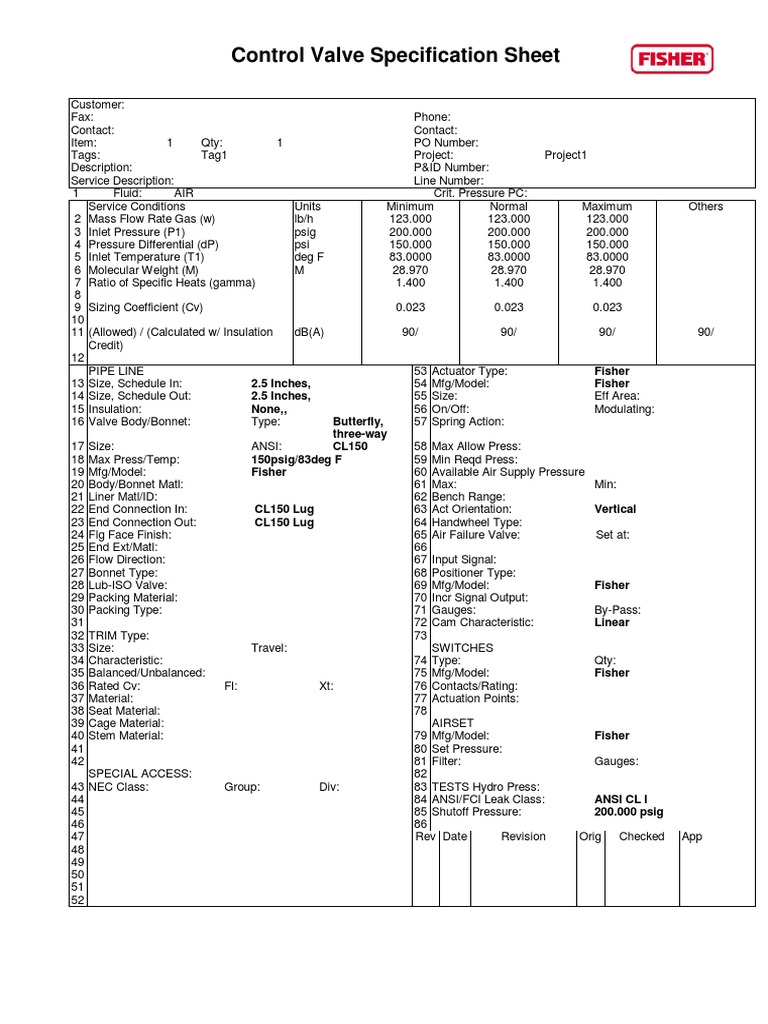 Control Valve Specification Sheet | PDF | Valve | Gases