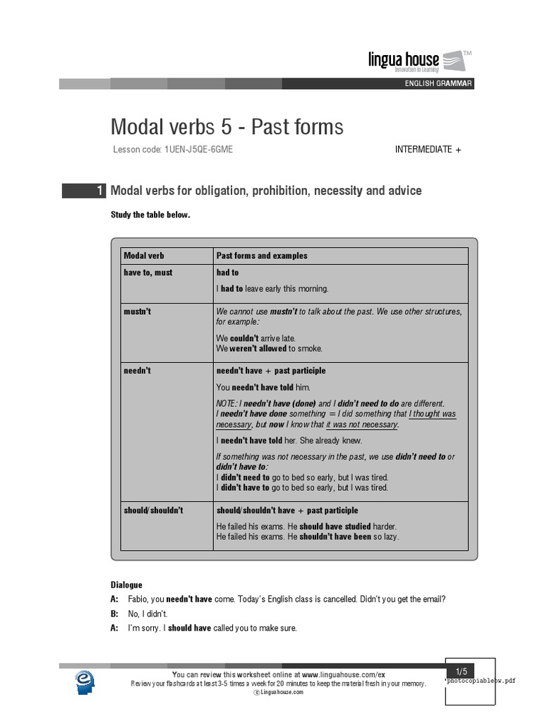 Modal Verbs 5 Past Forms | PDF | English Grammar | Verb