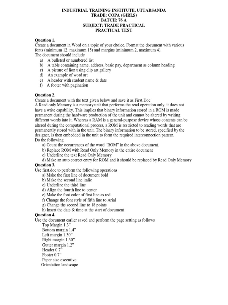 COPA (G) Practical Test | PDF | Read Only Memory | Random Access Memory