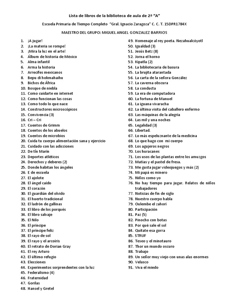 Lista de Libros de La Biblioteca Escolar y de Aula de 2 A | PDF | Cueva ...