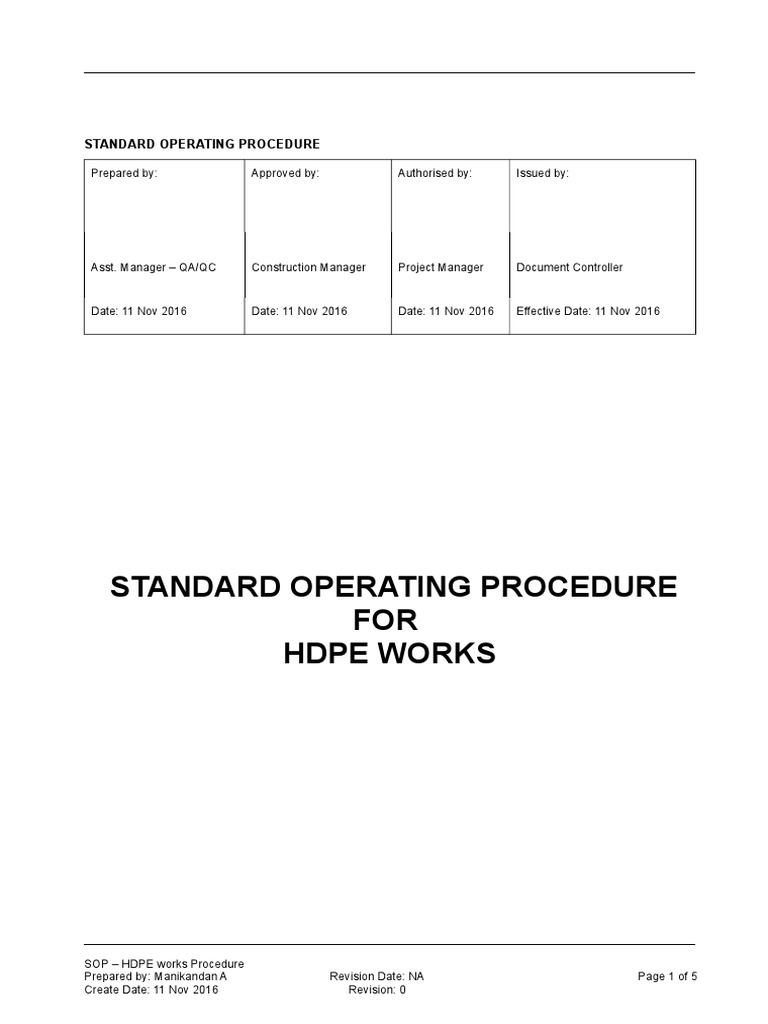 Standard Operating Procedure FOR Hdpe Works | Personal Protective ...