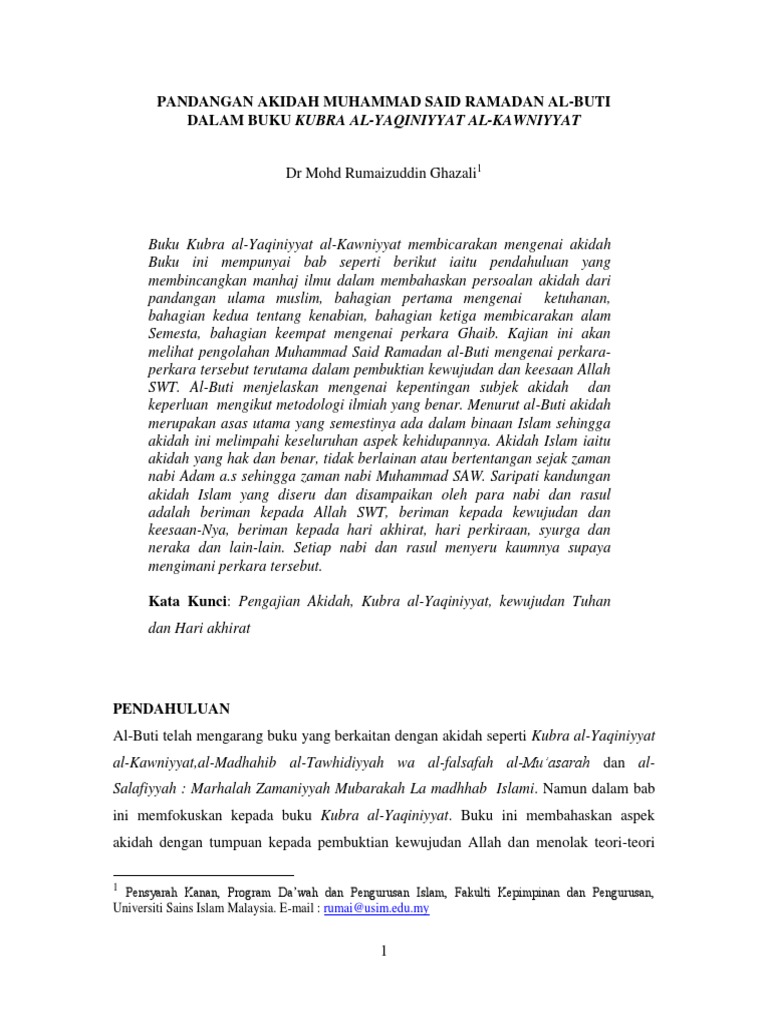PANDANGAN AKIDAH MUHAMMAD SAID RAMADAN AL-BUTI DALAM BUKU KUBRA AL-YAQINIYYAT AL-KAWNIYYAT - DR ...
