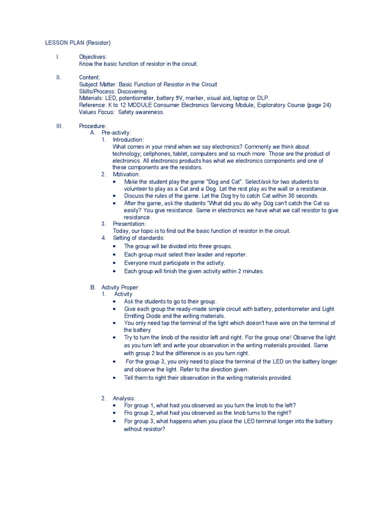 Lesson Plan Resistor | PDF | Electrical Resistance And Conductance ...