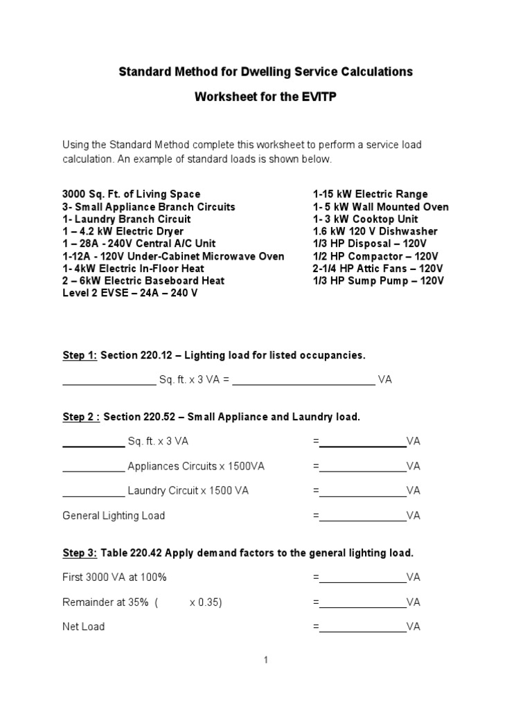 EVITP Service Load Calculation Worksheet | PDF | Volt | Home Appliance