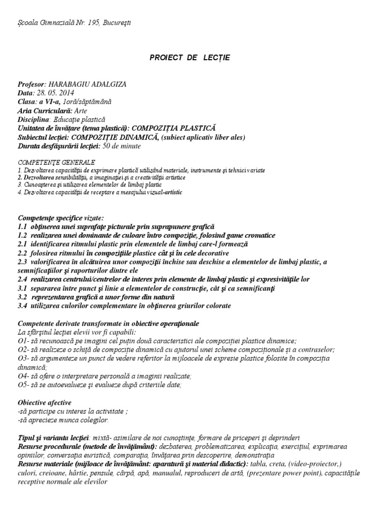 Proiect de Lectie - Compozitia Plastica - Inspectie - Mai2014 | PDF