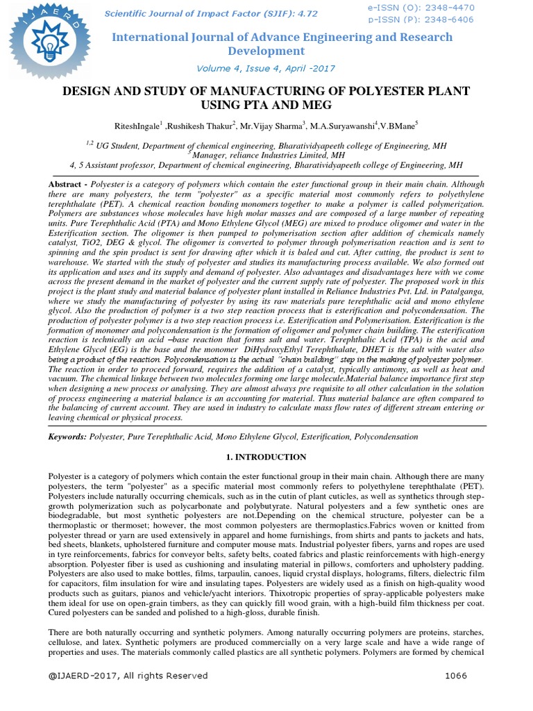 Design and Study of Manufacturing of Polyester Plant Using Pta and Meg ...