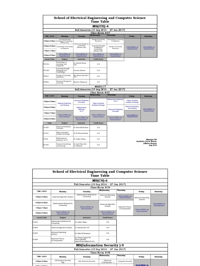 School of Electrical Engineering and Computer Science Time Table | PDF ...